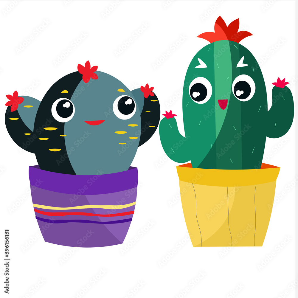 Par de cactus tiernos y animados con fondo blanco Stock Illustration ...