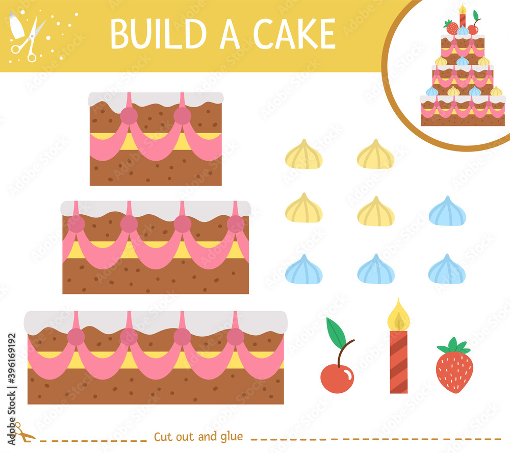 Vector Birthday party cut and glue activity. Holiday educational ...