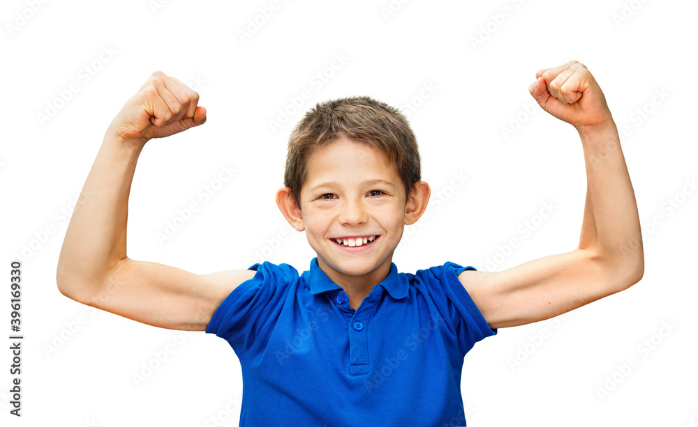 Strong boy isolated on white background. A child with beautiful white ...