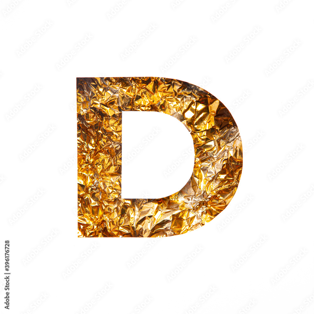 Letter D of English alphabet of gold crumpled foil and paper cut ...