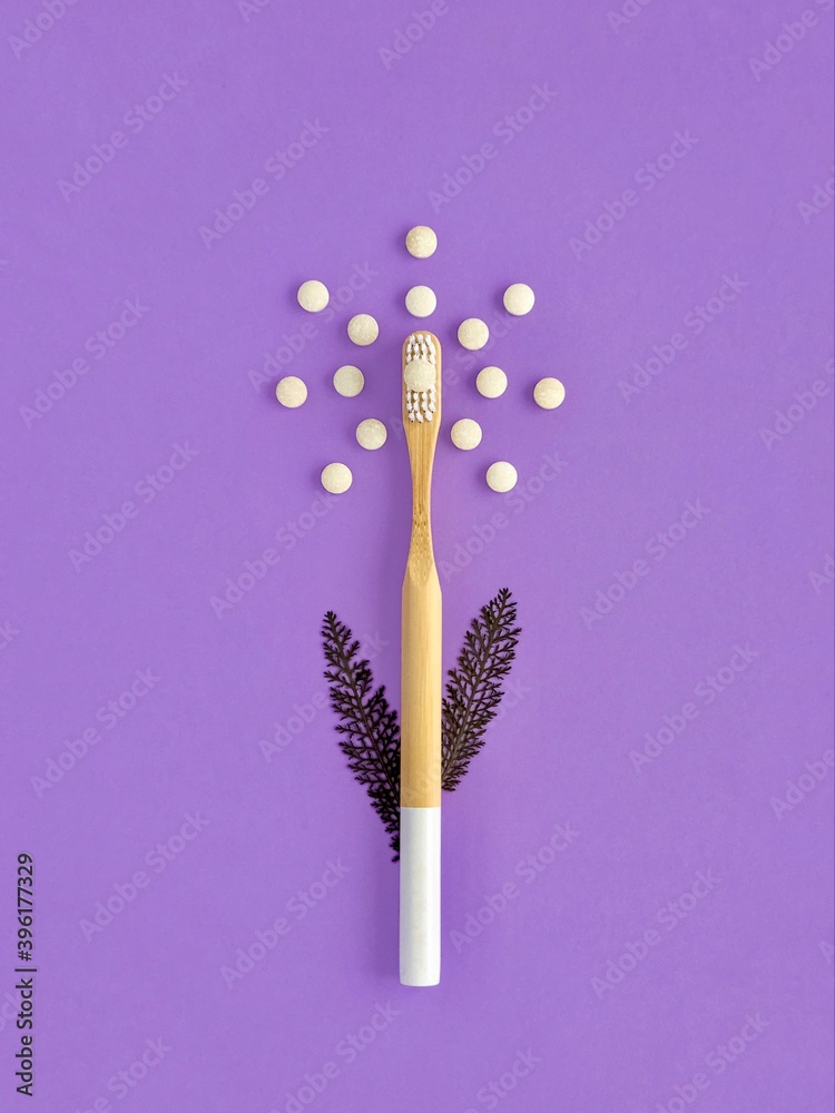 Bamboo toothbrush, eco toothpaste in tablets and dried plants. Creative ...