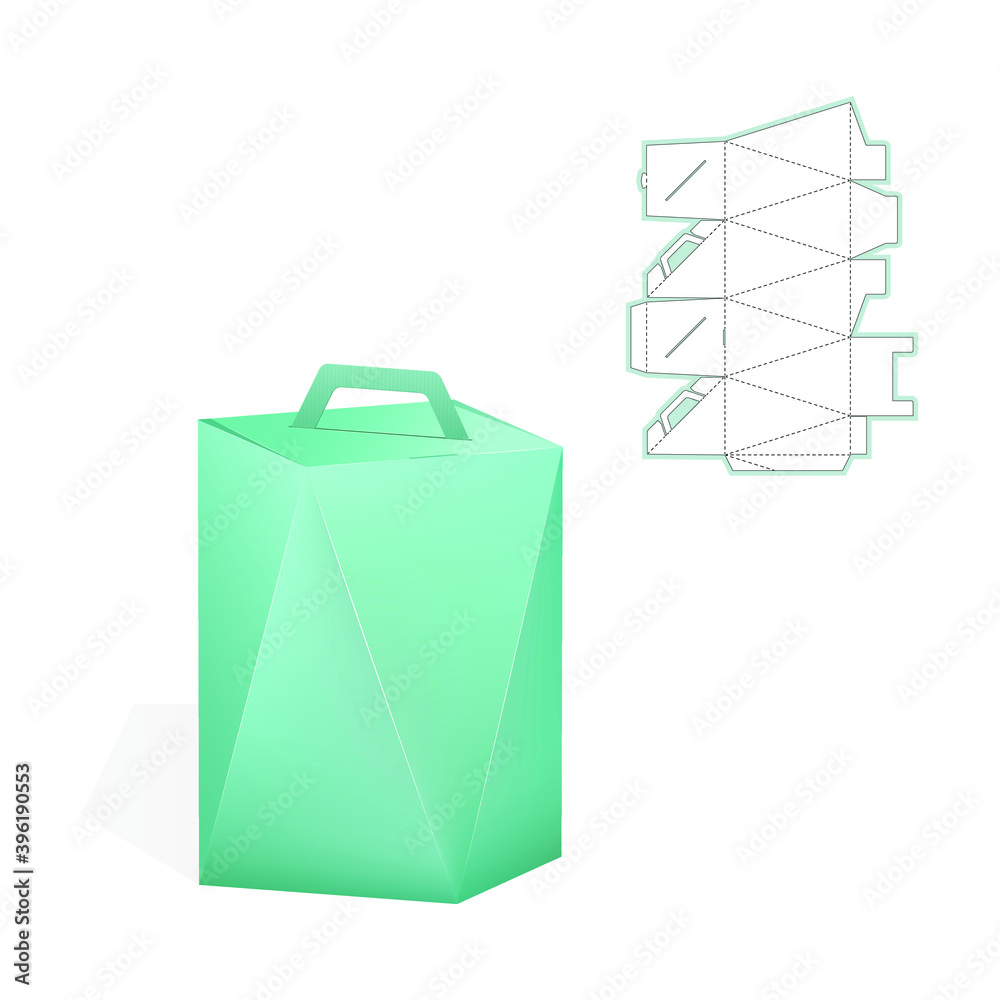 Retail simple packaging box with 3D preview. Blueprint template with ...
