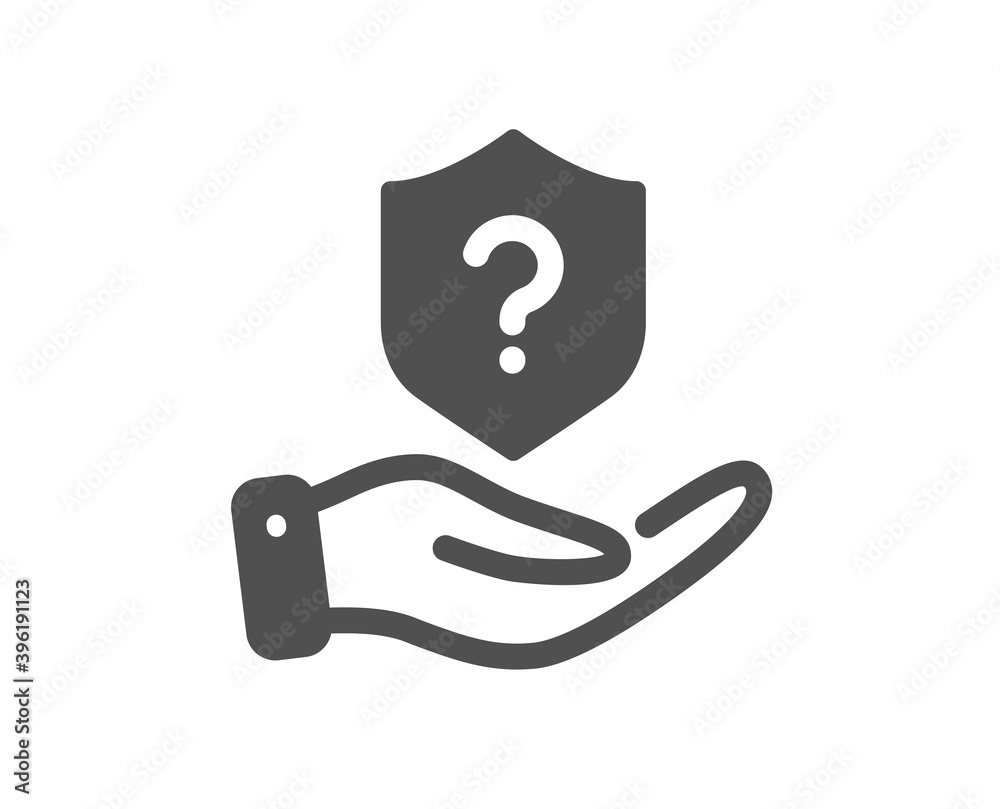 Protection shield icon. Helping hand sign. Question mark symbol ...