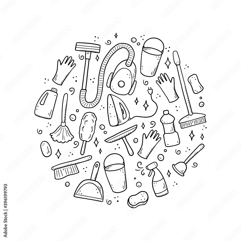 Hand drawn set of cleaning equipments, sponge, vacuum, spray, broom ...