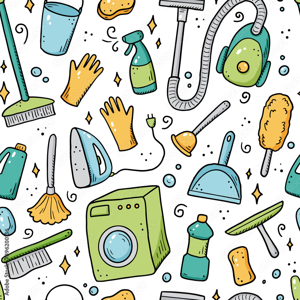 Hand drawn seamless pattern of cleaning equipments, sponge, vacuum ...