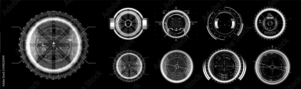FUI black and white elements. Military crosshair in gun. HUD aim of ...