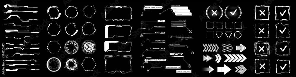 Collection HUD elements - Circle tech frame, Callouts titles, bar labels, buttons, frame screens ...