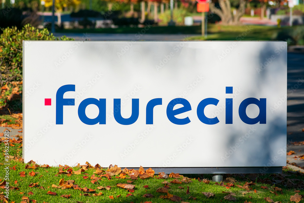 Faurecia sign, logo on signpost at Silicon Valley headquarters of a ...