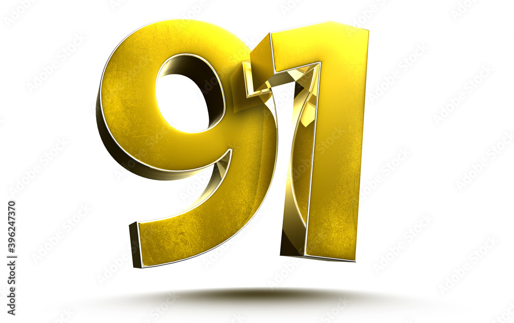 Gold numbers 91 isolated on white background illustration 3D rendering ...