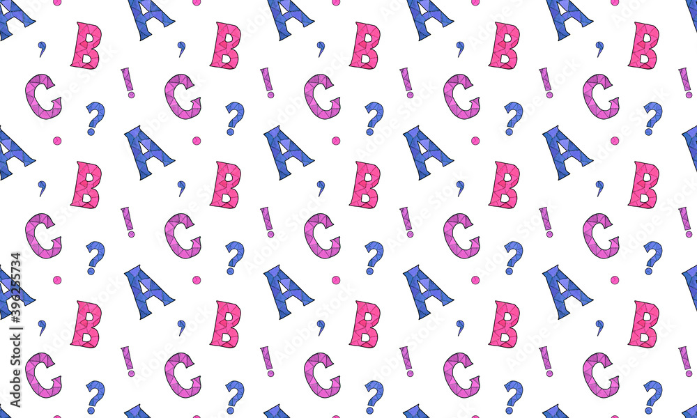 Seamless pattern with red, blue and purple letters, exclamation marks ...