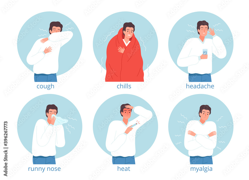 Sick characters. Flu persons hospital bed headache illness medical ...