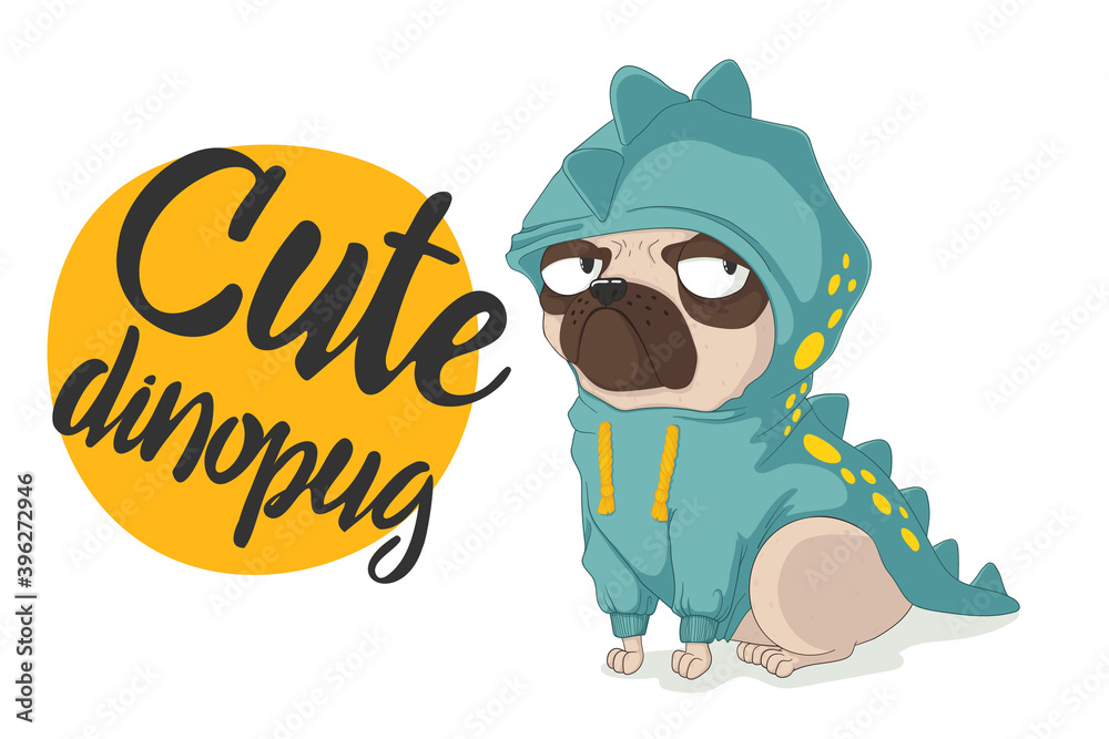 Cute pug dog wearing funny dinosaurs costume. Vector hand drawn ...