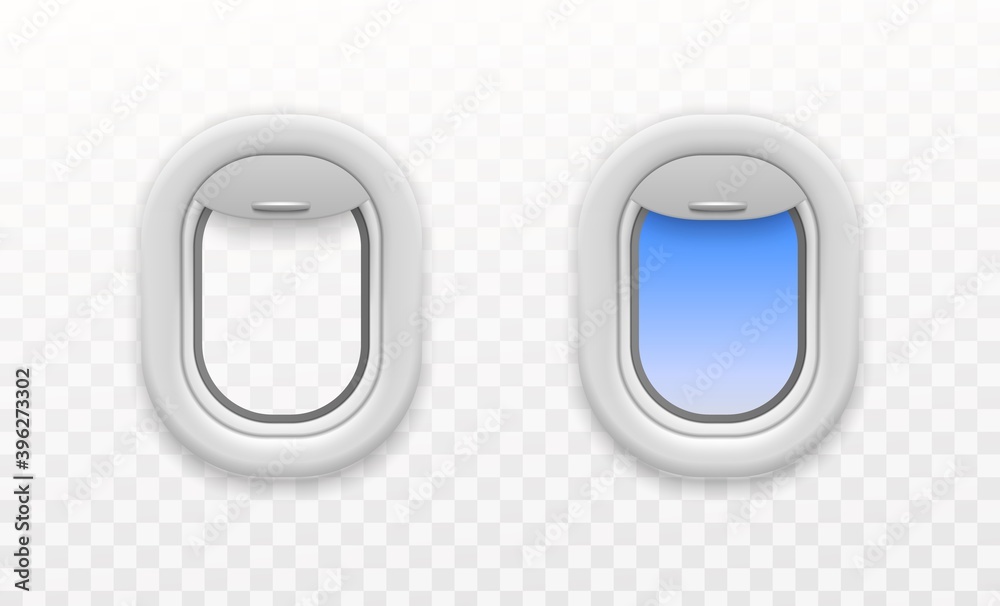 Airplane open window. Plastic and glass plane windows, empty or blue ...