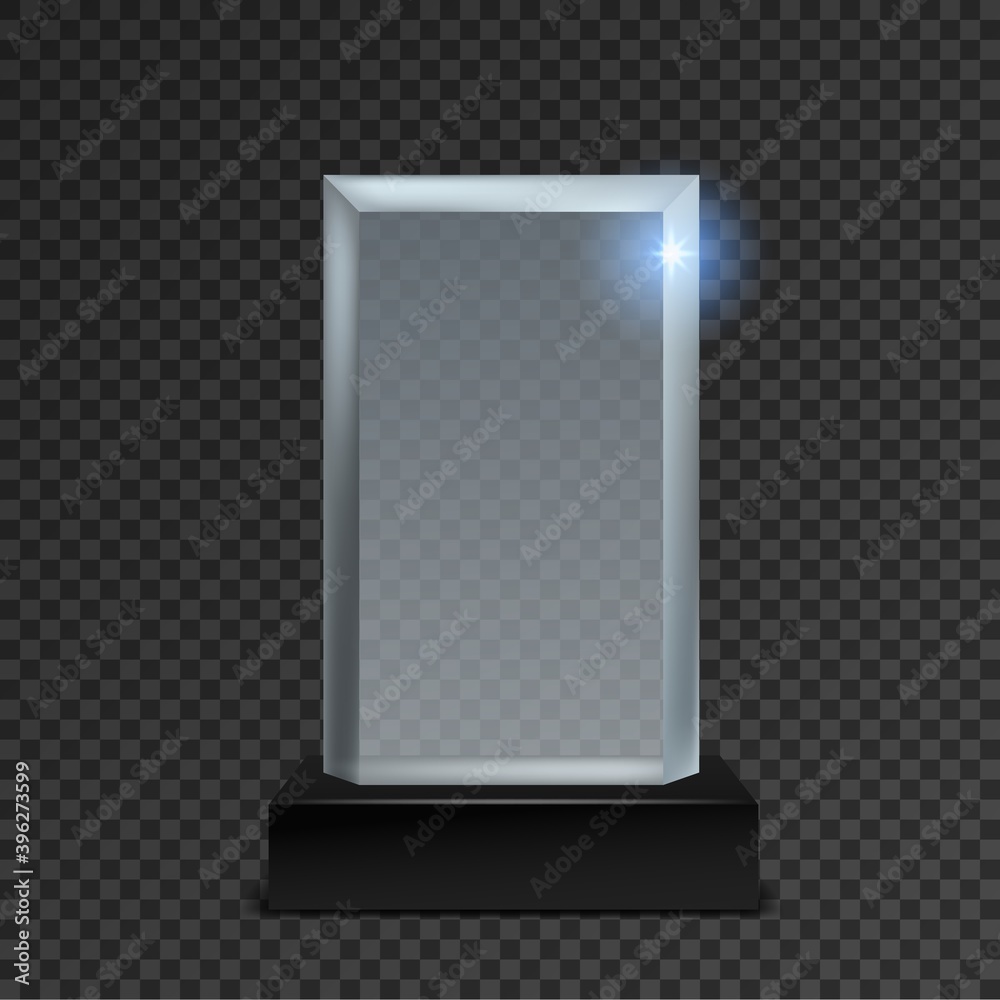 Acrylic trophy. Glass transparent realistic award on black stand, blank ...