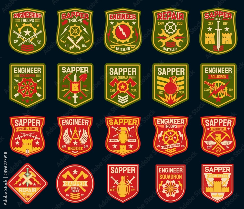 Sapper or combat engineer vector military patches and army badges ...