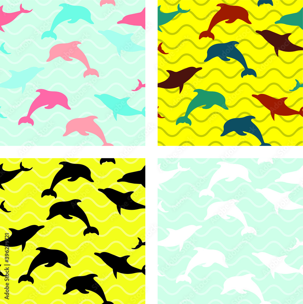 Vector four seamless dolphins patterns. Vector repeated dolphins ...
