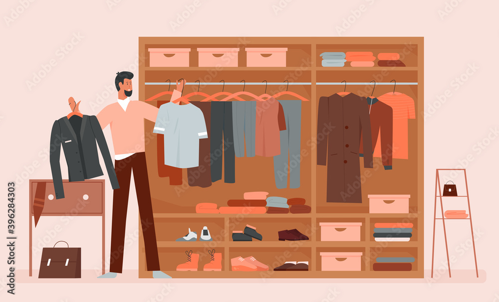 Vettoriale Stock Man choosing clothes in clothing home wardrobe room ...