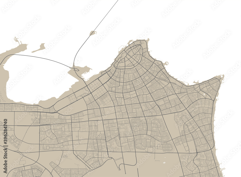 Detailed map of El Kuwait city, linear print map. Cityscape panorama ...