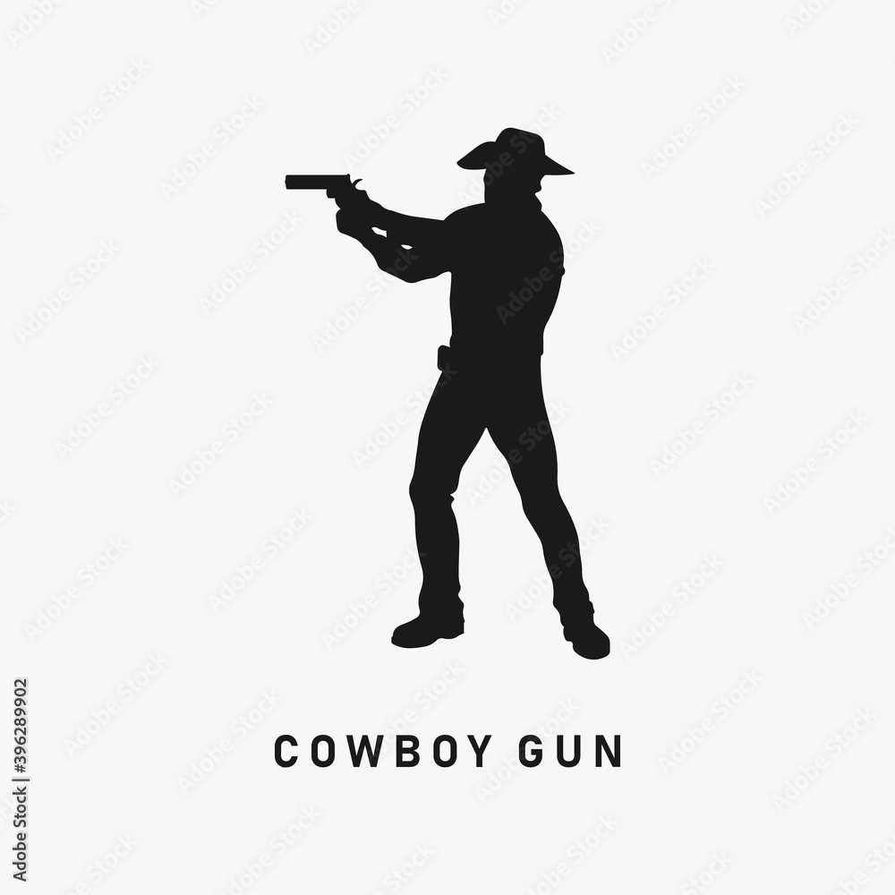 Standing cowboy holding and pointing gun black silhouette. Bank robbery ...
