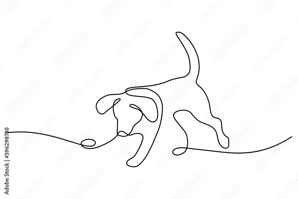 Playful dog in continuous line art drawing style. Puppy playing ...