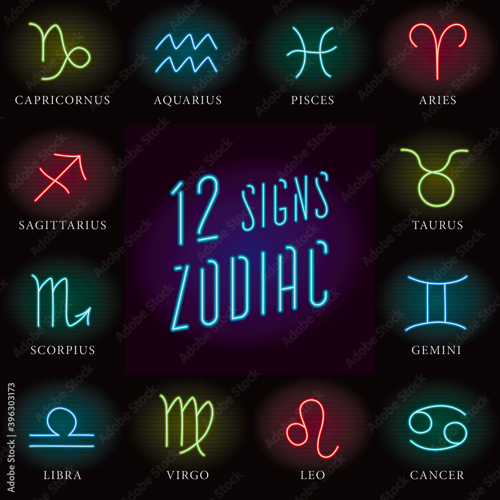 12 Clockwise Outlined Neon Zodiac Signs Capricorn Aquarius Pisces Aries ...