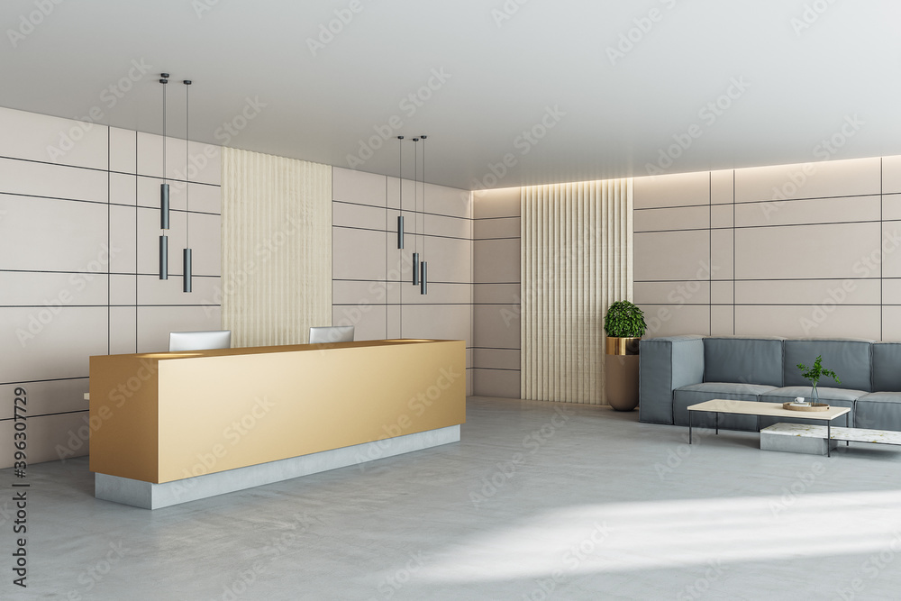 Luxury office hall with reception desk and gray sofa Stock Photo ...