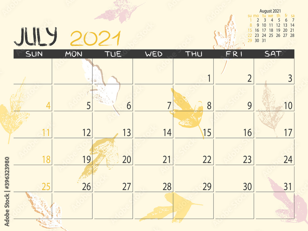 Calendar 2021 year. July 2021 planner. Desctop calendar design. Month ...
