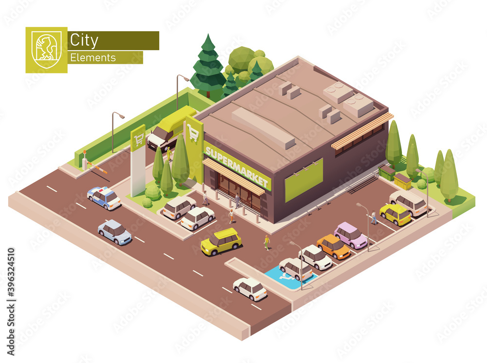 Vector isometric supermarket building. Grocery store building exterior ... Vector isometric supermarket building. Grocery store building exterior ...