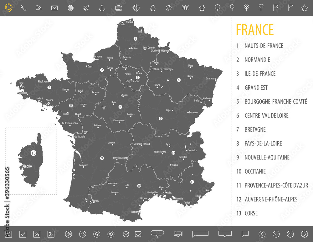 Detailed monochrome map of France, gray country territory with ...