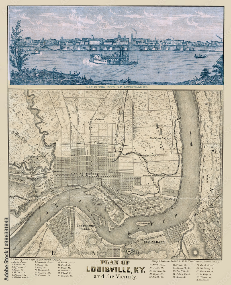 Louisville Kentucky map circa 1870. Show surrounding community and the ...
