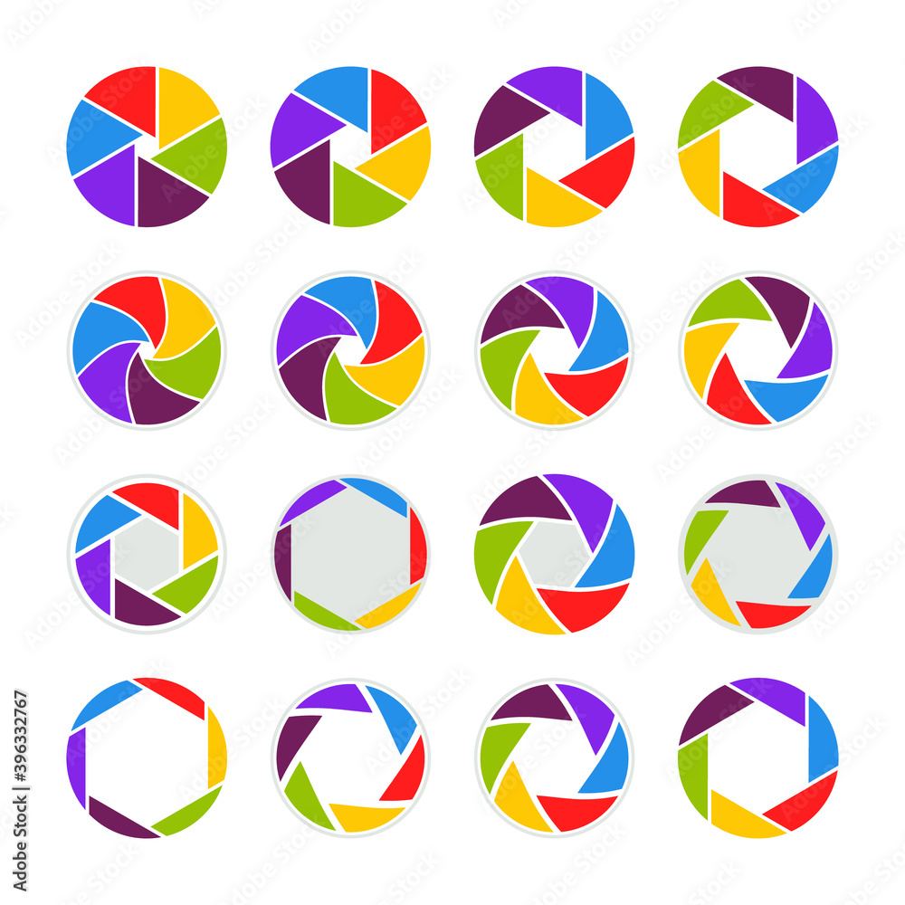 Camera icons. Logo of shutter, lens, aperture for photography. Color ...