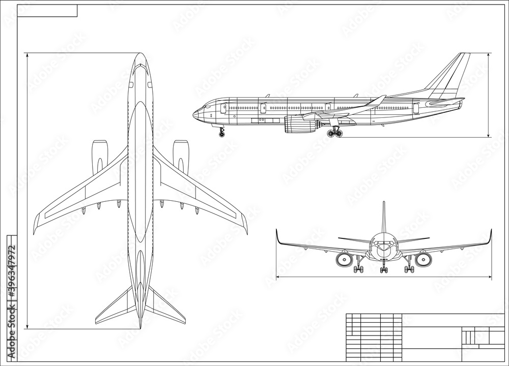 Airplane Blueprint. White Outline Aircraft On Blue Stock Vector | Adobe ...