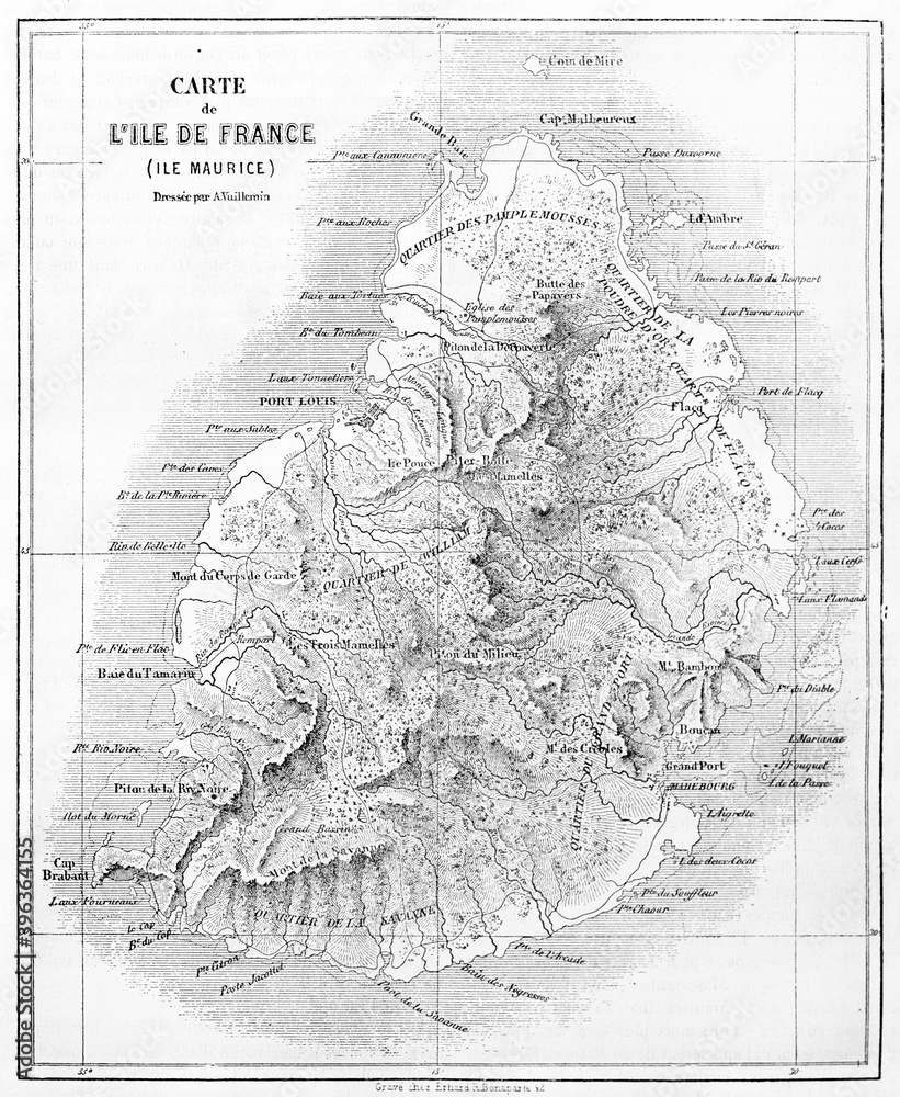 Old map of Mauritius islands with vintage captions. Ancient grey tone ...