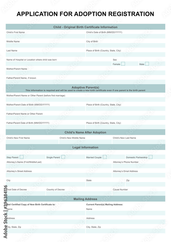 Child adoption application. Questionnaire with space for answers Stock ...