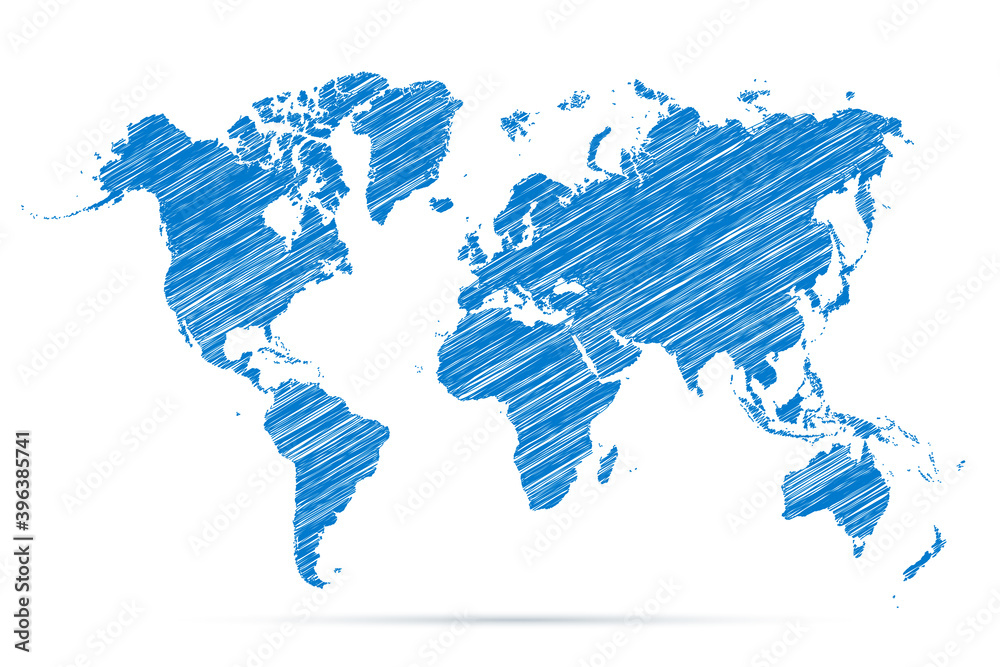 Blue map world sketch line. Outline worldmap global. Worldwide globe ...