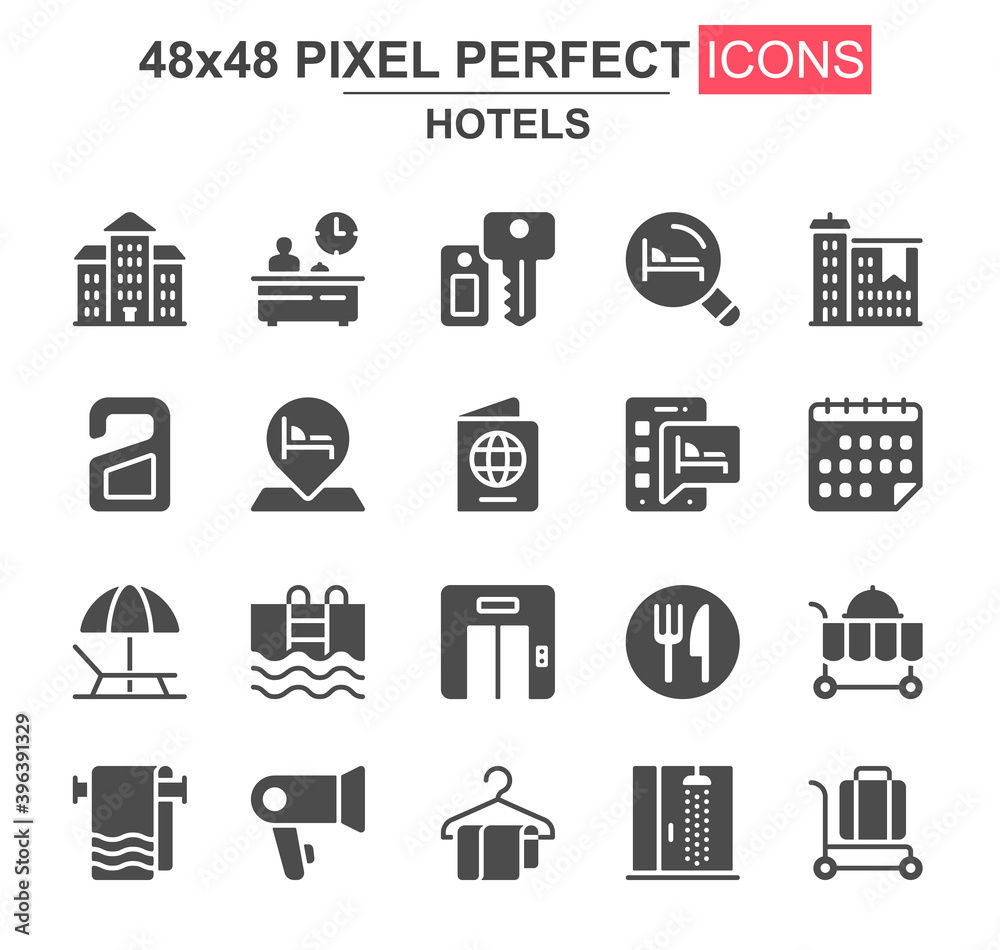 Hotels glyph icon set. Receptionist, towel, restaurant, shower, luggage ...