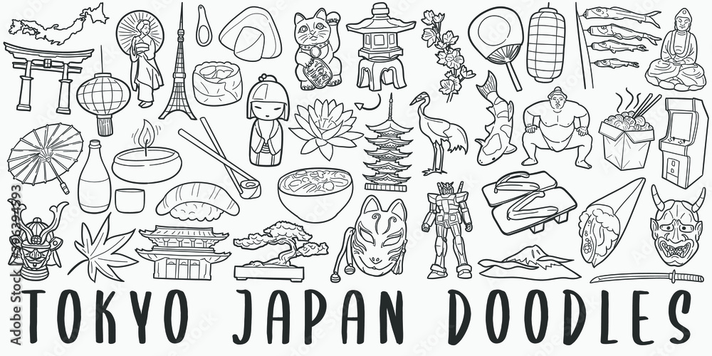 Vecteur Stock Tokyo Japan, doodle icon set. Japanese Style Vector ...