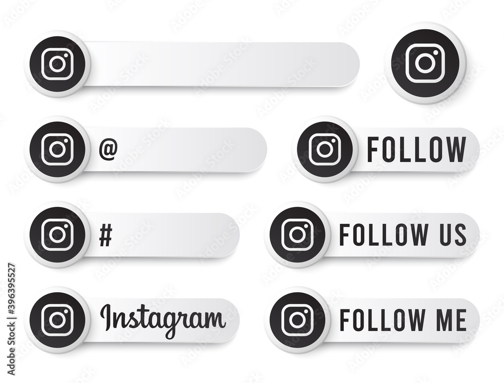 Instagram Buttons Collection with Black Logo. White Social Media Tags ...