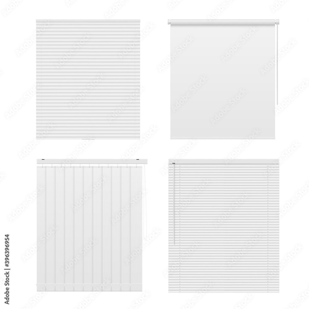 Window blinds horizontal and vertical, roller shade realistic mockups ...