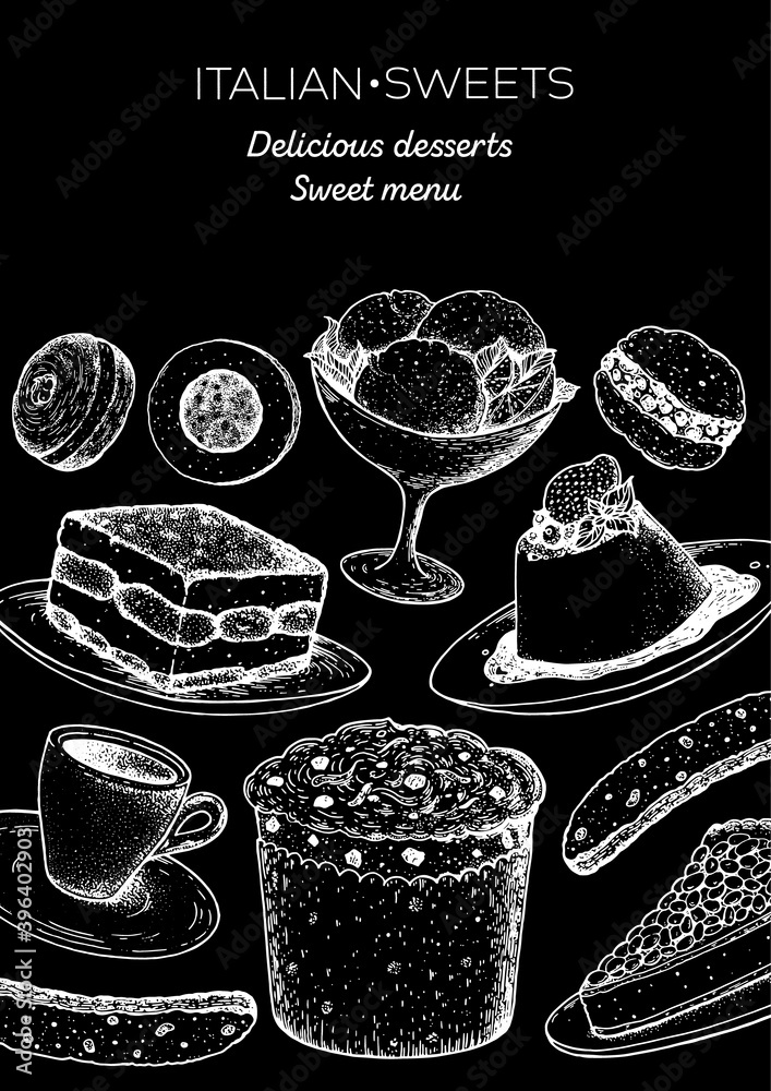 Italian dessert vector illustration. Italian food hand drawn sketch ...