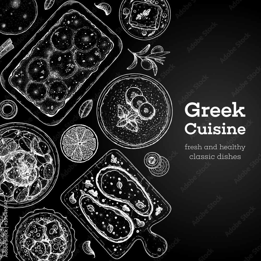 Greek cuisine top view frame. A set of greek dishes with moussaka ...