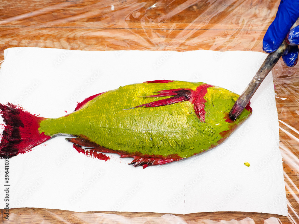 masterclass for Fish Drawing in Technique Monotype - view of gloved ...