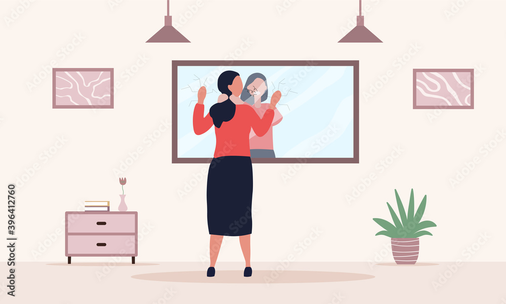 Concept of inner conflict. Internal demons metaphor. Woman listening to ...