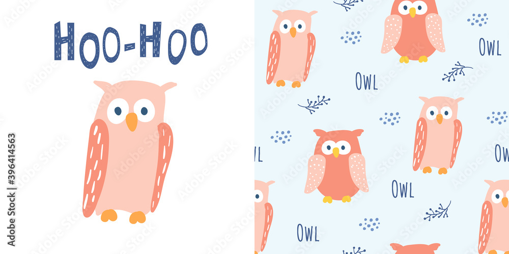 Cute red owl in cartoon style. With Hoo-Hoo lettering. And seamless ...