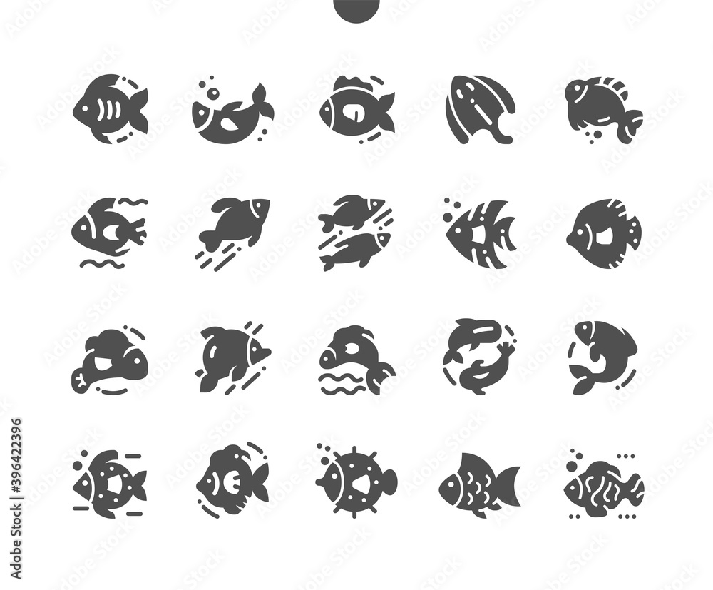 Different fish. Sea, oceanic and river fish. Aquatic animals with ...