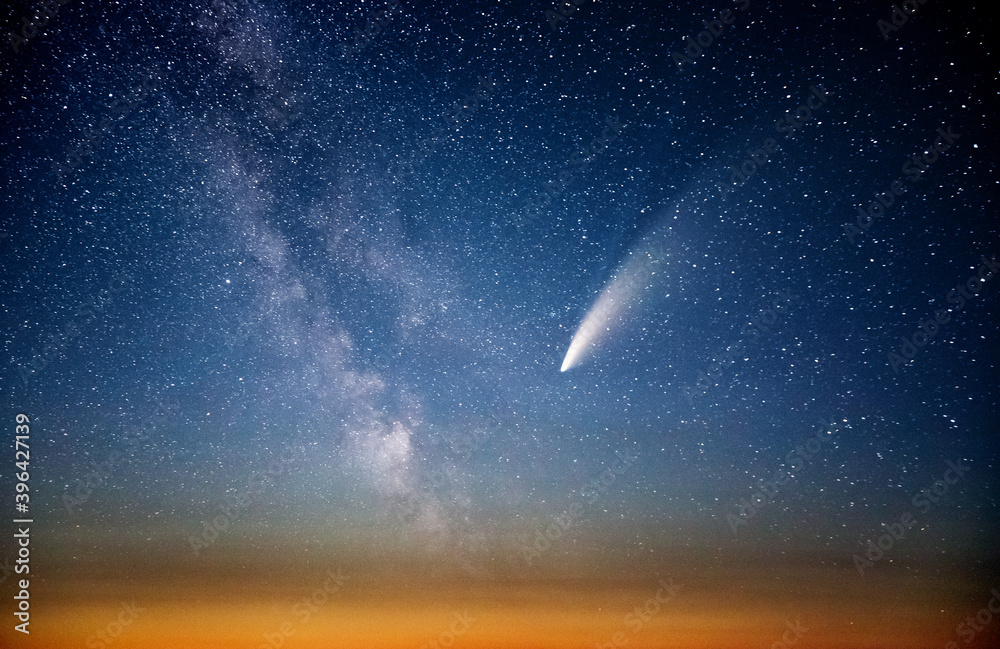 Wonderful view of starry sky and C/2020 F3 (NEOWISE) comet with light ...