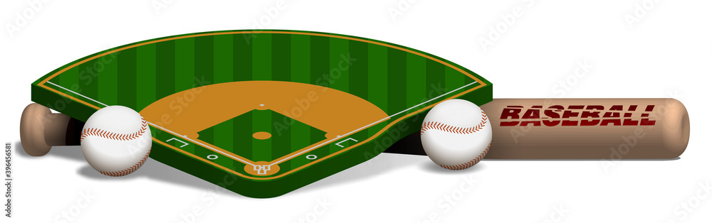 sports wooden baseball bat, balls and baseball field layout on white ...