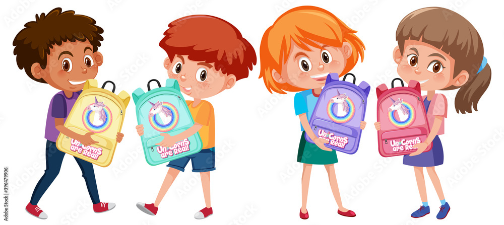 Set of different kids holding cute backpack cartoon character isolated ...