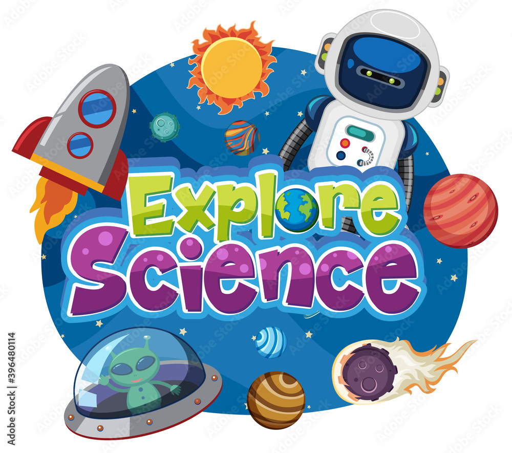 Explore science logo and set of space education objects isolated Stock ...