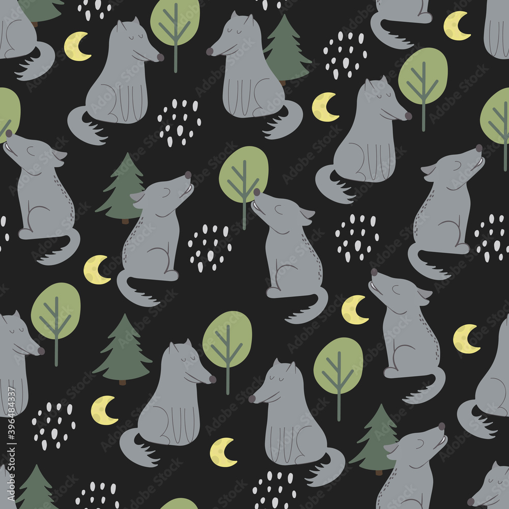 Seamless pattern with wolf howling at the moon in the forest ...